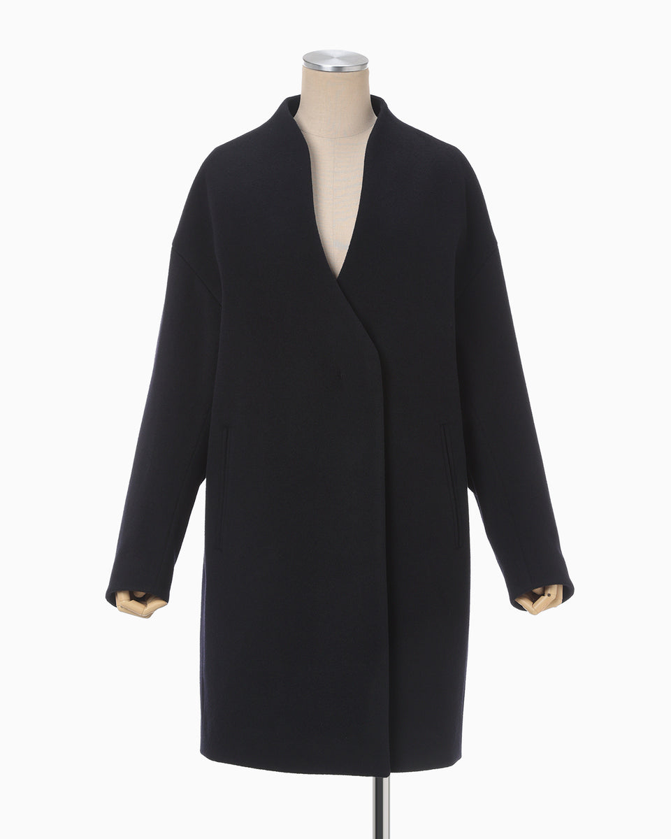 Wool Cashmere Middle Length Collarless Coat - navy - Mame Wool Cashmere Middle Length Collarless Coat - navy - Mame